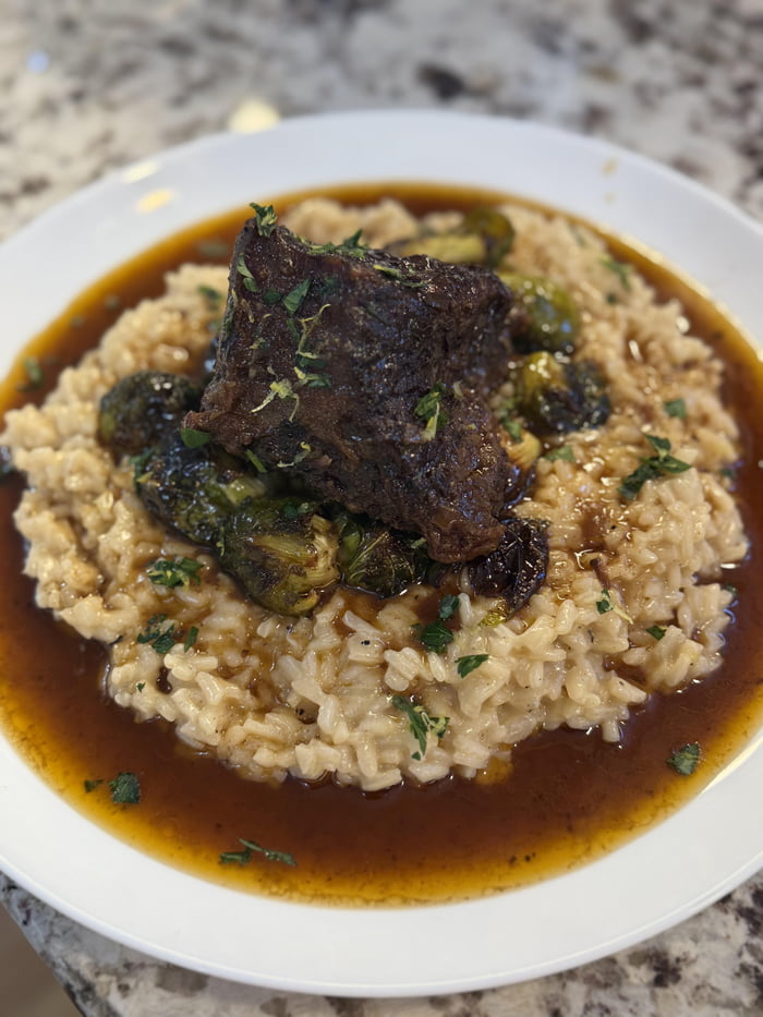 Beef short rib, roasted Brussels sprouts, & Parmesan risotto - 9GAG