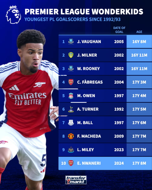 Youngest Goal Scorers in premier league Since 1992/93 - 9GAG