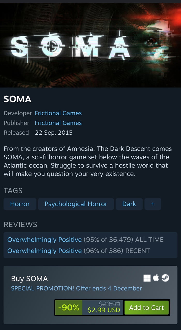 Horror game lovers, SOMA at 90% discount ($2.99) on Steam until ...