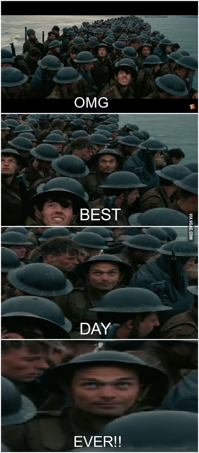 The smiling extra from Dunkirk trailer, a Christofer Nolan movie. - 9GAG