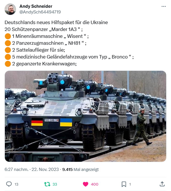 Germany's new aid package for Ukraine 20 “Marder 1A3” armored personnel carriers; 🟠 1 “Wisent ...