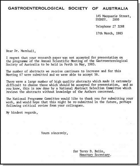 Dr Barry Marshall got this rejection letter from publisher, for his ...