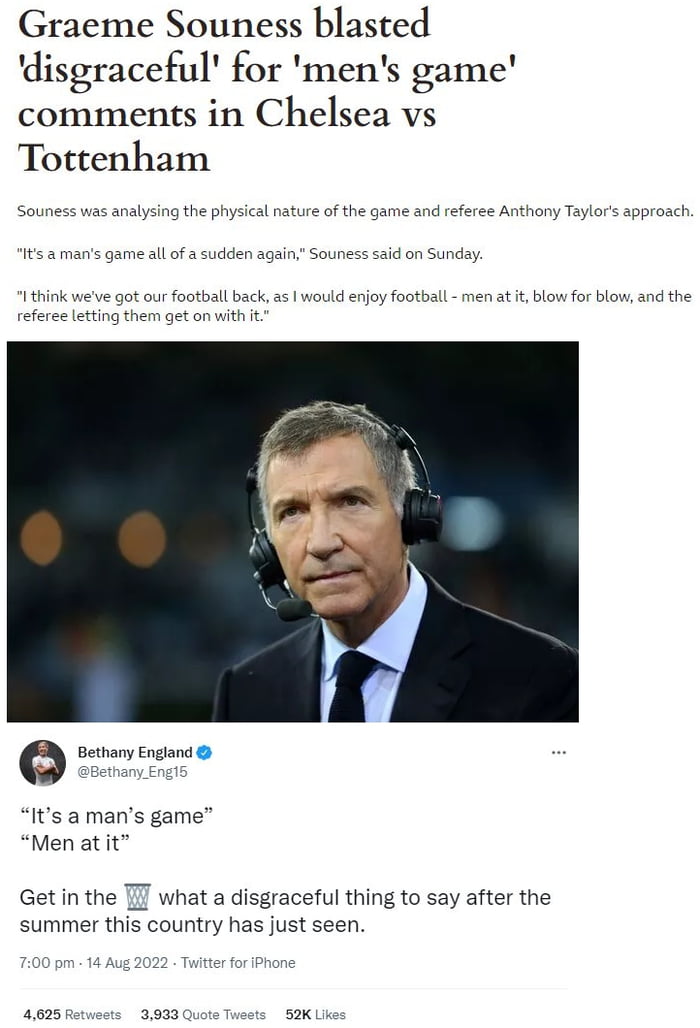 Graeme Souness calls men's football a 'man's game'. - 9GAG