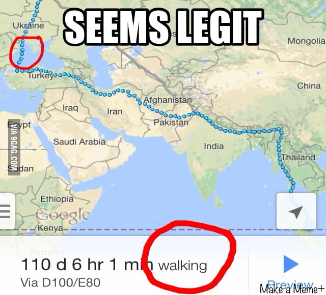 Google maps showing directions to Moscow - 9GAG