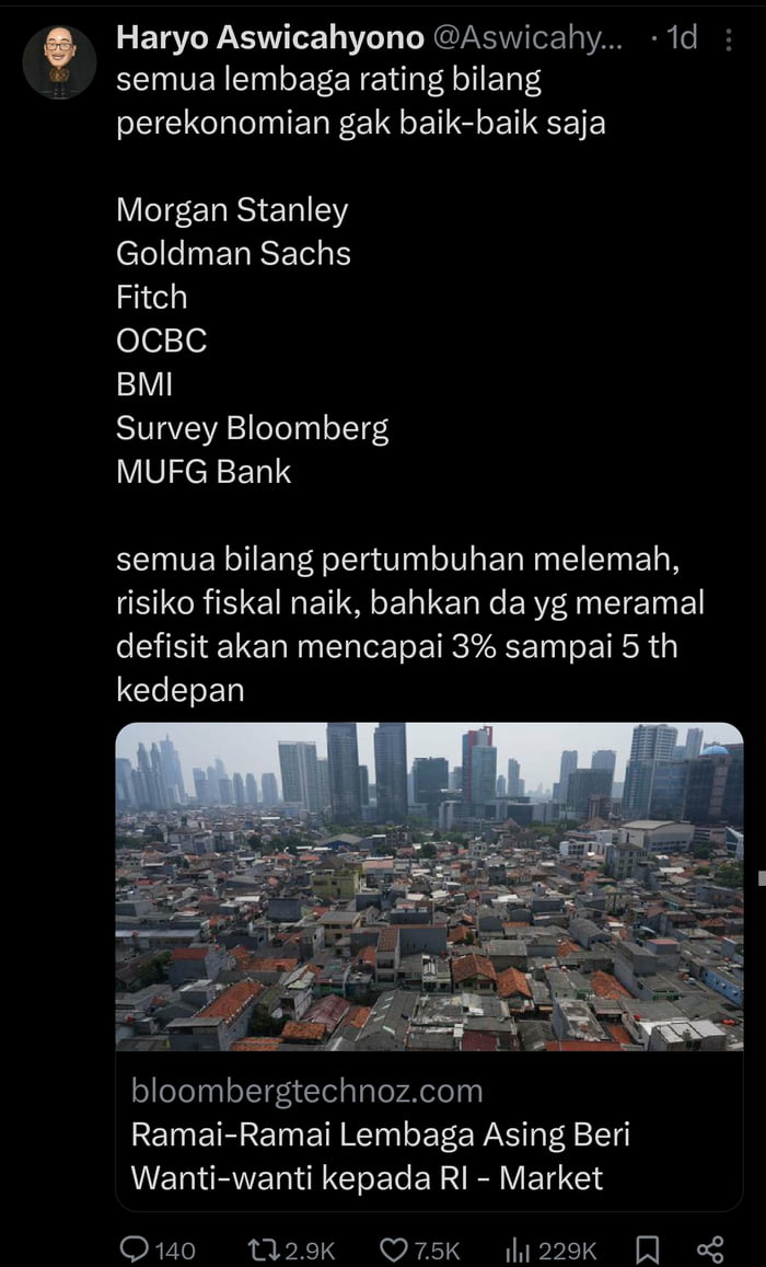 Lembaga pengamat perekonomian dan atau investasi dunia udah beberapa ngomong gini, eh dateng lah ...