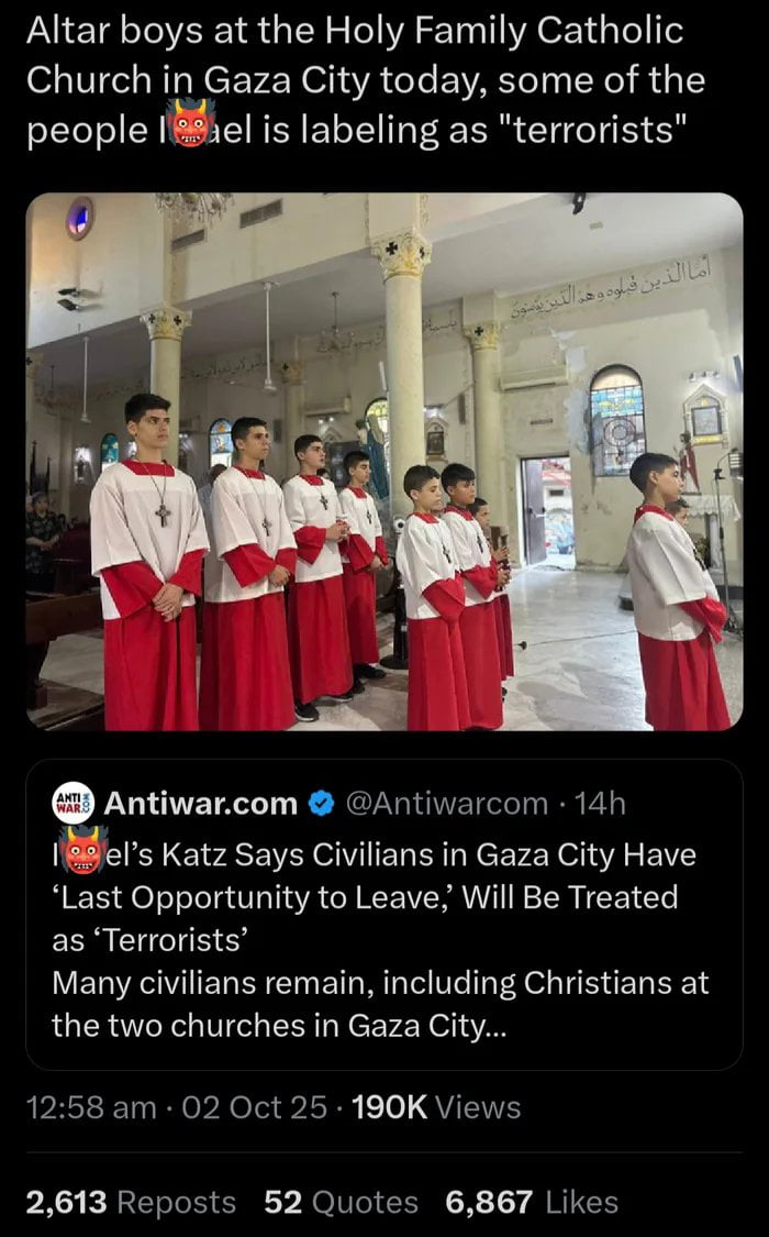 Altar boys at the Holy Family Catholic Church in Gzza City. - 9GAG