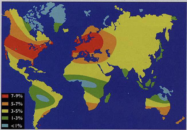 A chart of the prevalence of colourblindness in males around the world ...