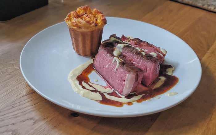 Ribeye, Cheddar Popover, Molasses Steak Sauce, Hollandaise - 9GAG