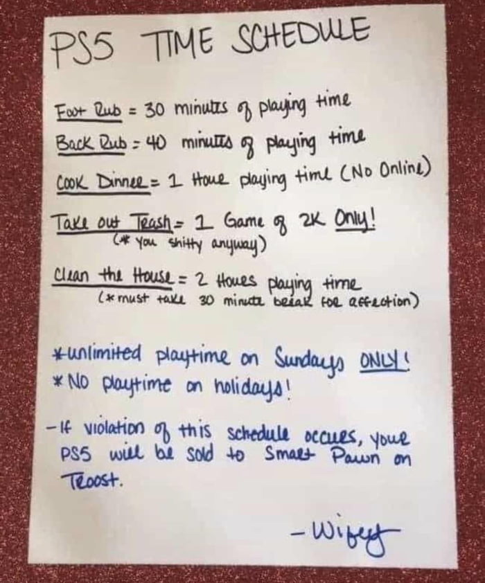 Wife puts restrictions on ps5 playtime - 9GAG