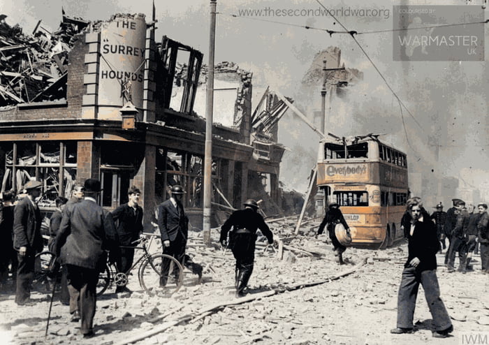 A photograph taken three minutes after a V1 flying bomb hit a row of ...