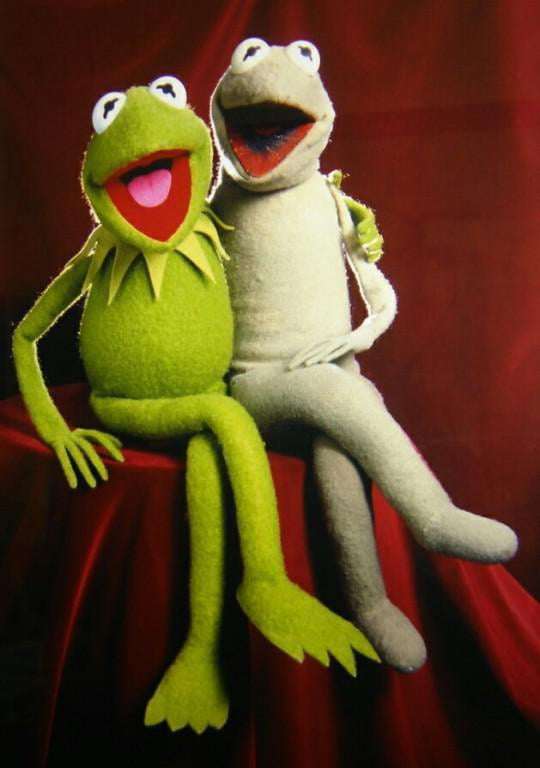 Present-day Kermit sitting with 1955 Kermit - 9GAG