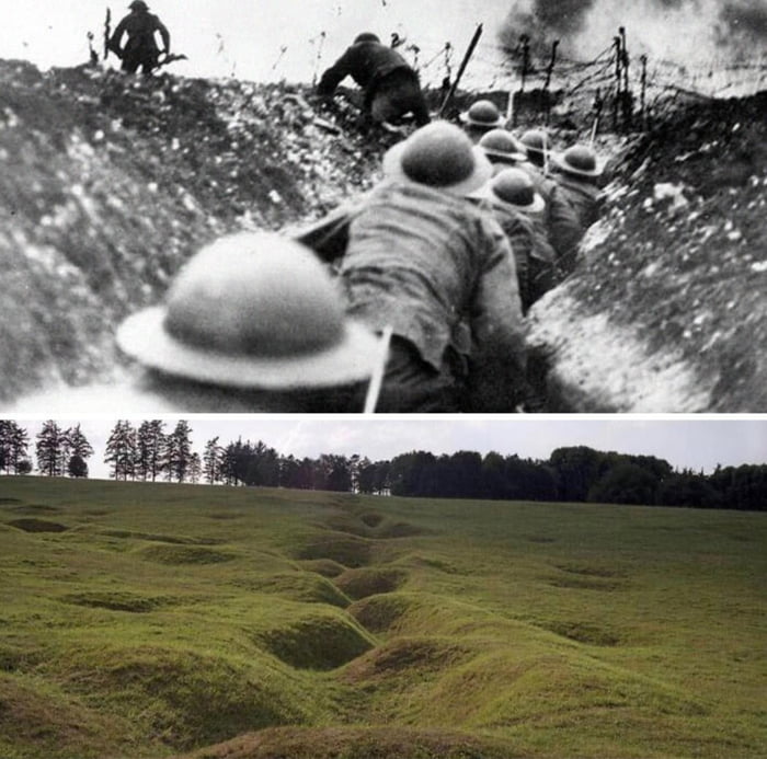 WW1 trench then and now. Like a scar it reminds us of the history of ...