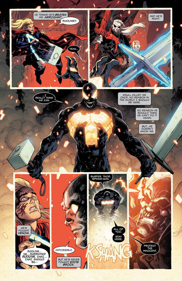 Venom/Eddie Brock summons Mjolnir from the hand of Thor (King in Black ...