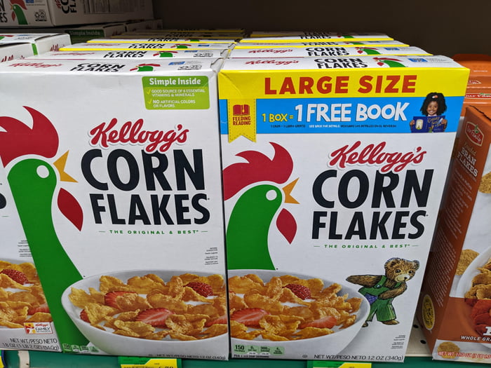 The "Large Size" Corn Flakes is the exact same size as a normal box. - 9GAG