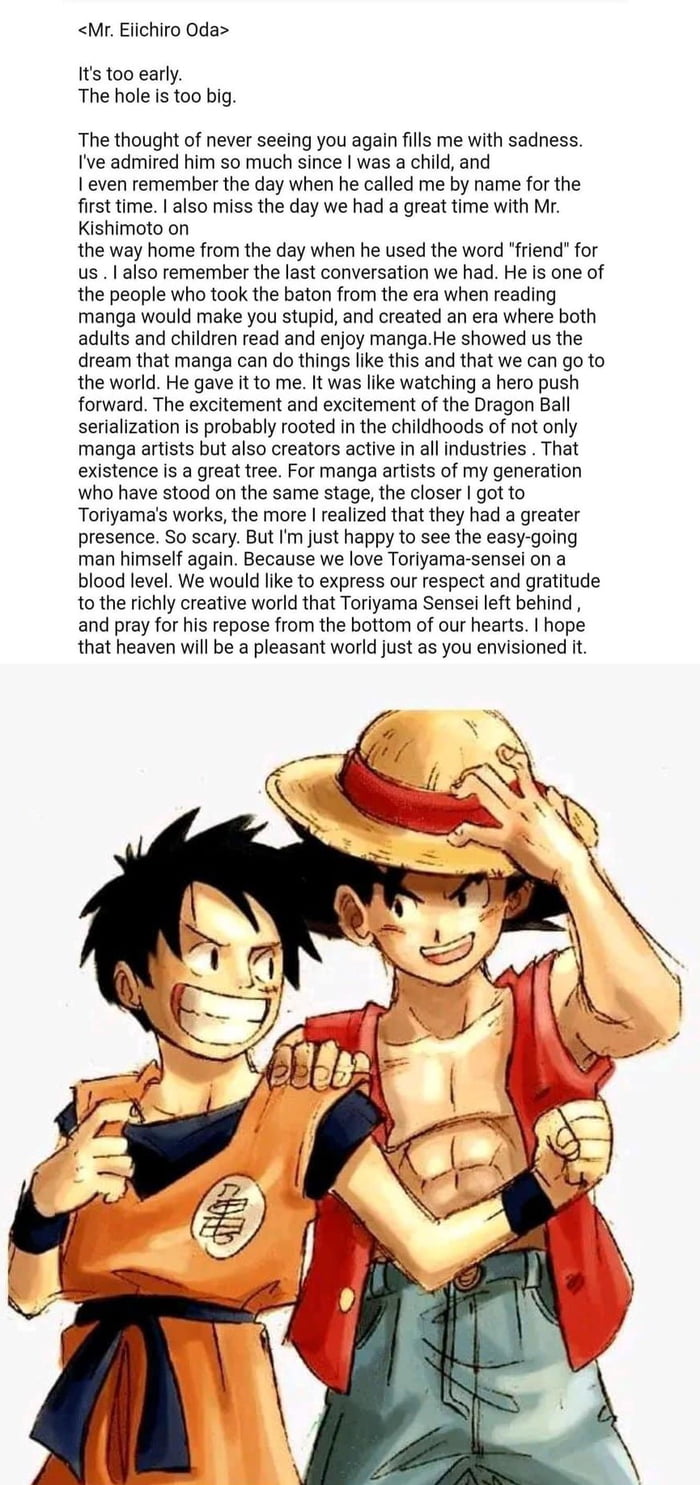 Oda sensei (Onepiece Creator) Letter Response to his Mentor, Friend and Role Model Akira ...
