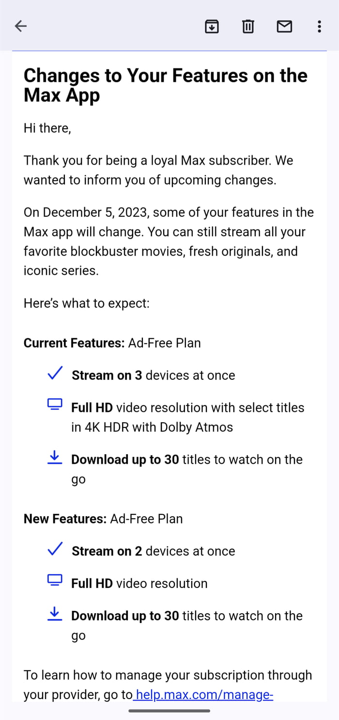 HBO Max app sends email about "New features"...which is actually removing existing features ...