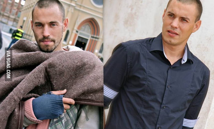 Before/after ridiculously photogenic homeless guy - 9GAG