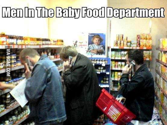 Men in a baby food department - 9GAG