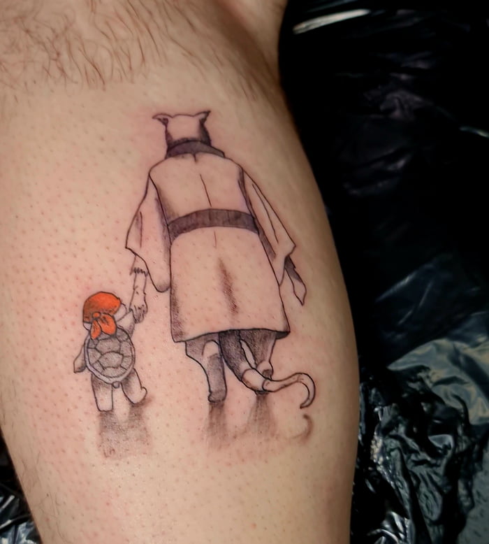 First tattoo on a friend, Master Splinter and baby Michaelangelo from ...