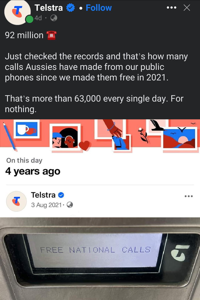 Australia's largest Telco offers free calls from public phones. 4 years and 92million calls. - 9GAG