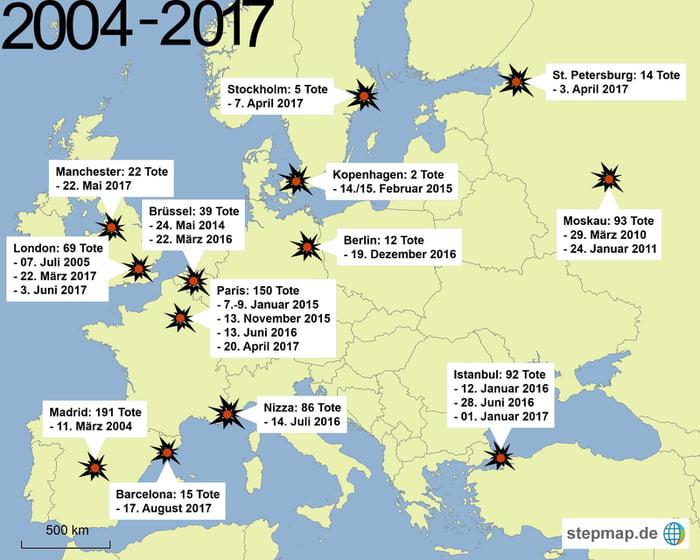A map showing every islamic terror attack in europe, from 2004 to 2017 ...