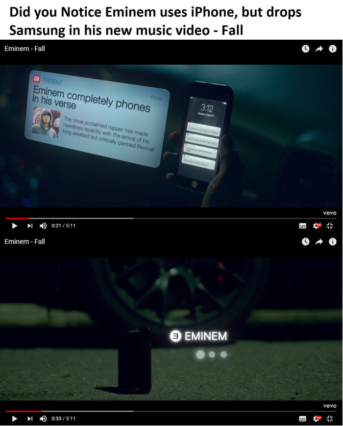 Did anyone notice how Eminem uses iPhone but drops samsung - 9GAG