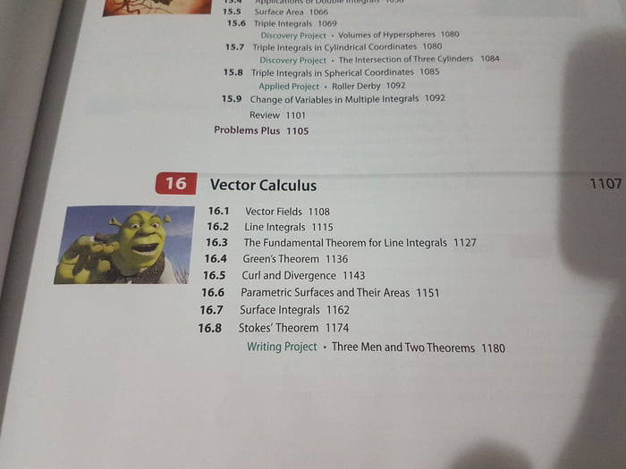 My calculus has a photo of Shrek as the image of vector calculus. - 9GAG