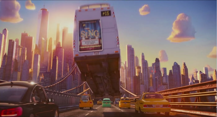 In Secret Life of Pets a movie poster for Sing is on the run away bus ...