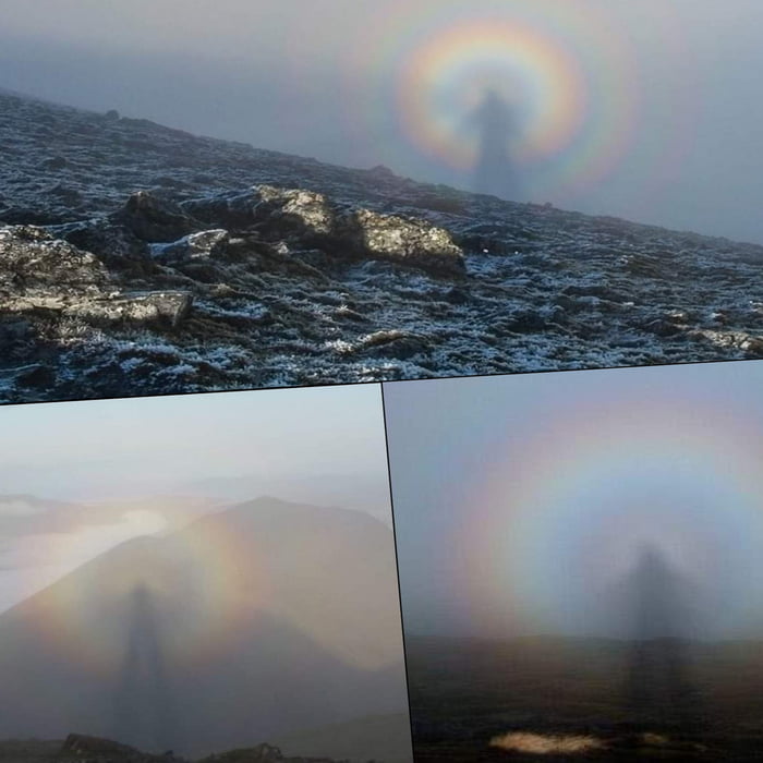 The "Brocken spectre" phenomenon is produced when a person stands above ...