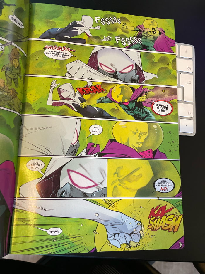 Spider-Gwen and her disappearing gas mask. - 9GAG