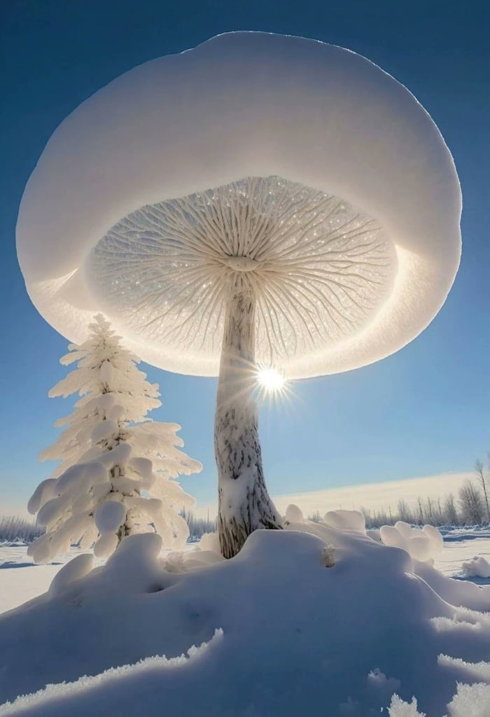 Snow capped tree looks like a giant mushroom - 9GAG