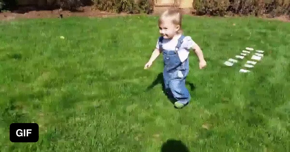 Two year old girl running through a backyard obstacle course - 9GAG