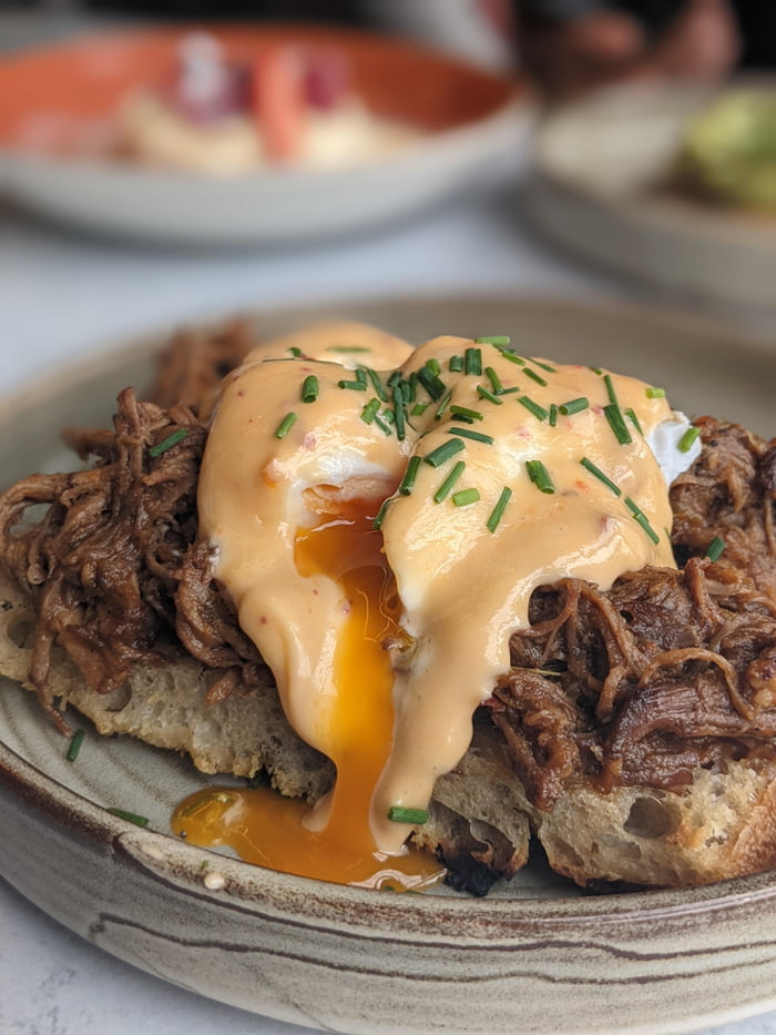 Braised Pork and Beef Benedict with Nduja Hollandaise - 9GAG