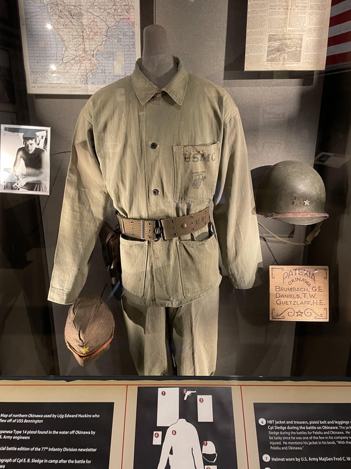 Eugene Sledge’s Uniform worn at the Battle of Okinawa, 1945; displayed ...