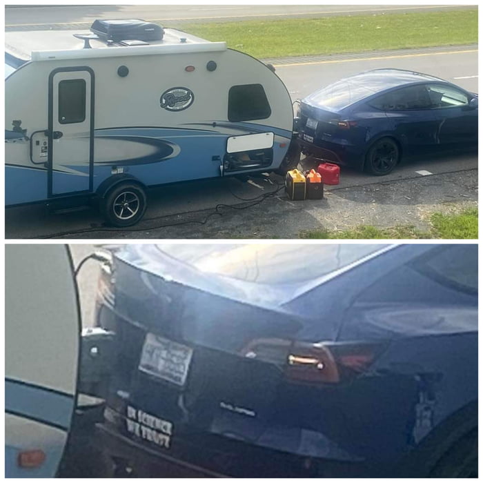 Tesla towing a camp house stopped and charging with two generators ...