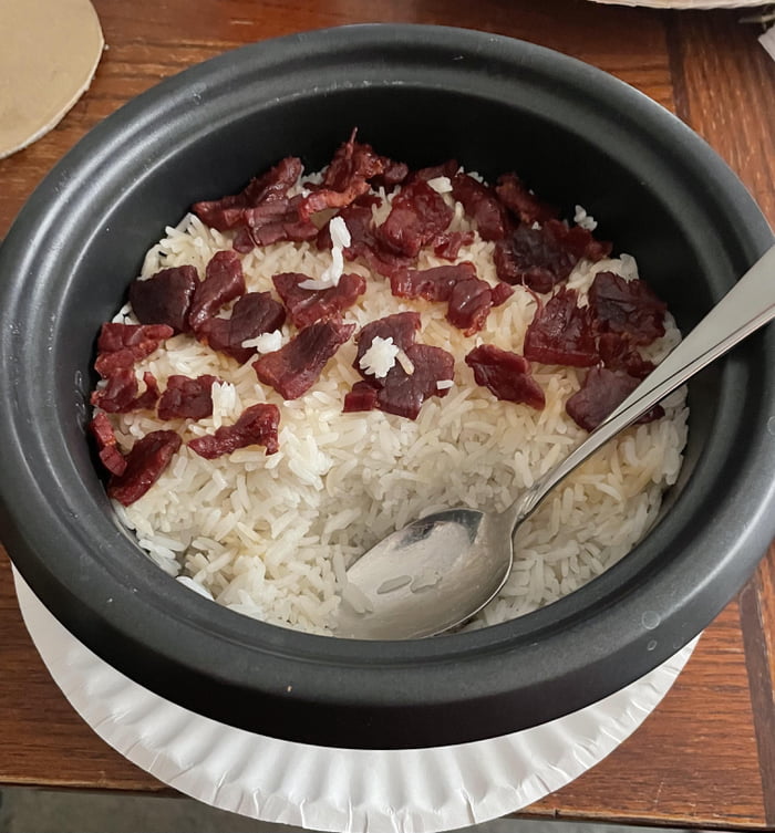 Beef Jerky & Rice Eaten From The Rice Cooker Bowl - 9GAG