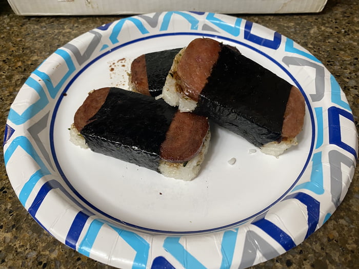 Glazed Luncheon Meat Musubi served on a Pressed Wood Pulp Platter - 9GAG