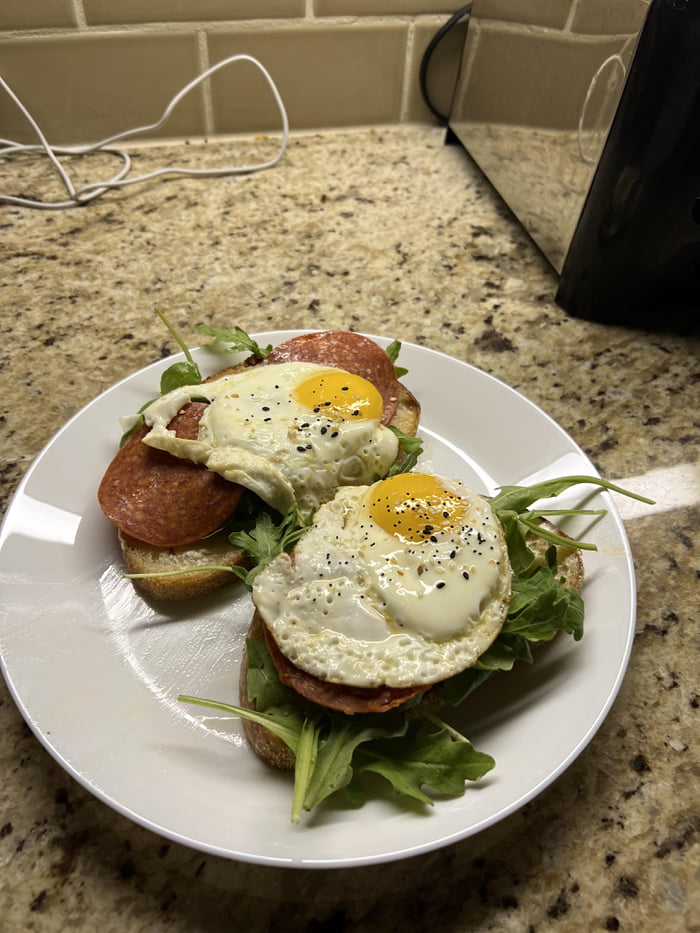 Toasted sourdough bread topped with creamy Swiss cheese, a bed of baby ...