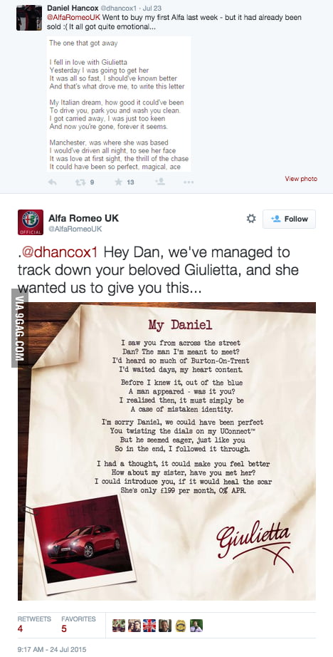 Epic Alfa Romeo Poem To Twitter Fan - 9GAG
