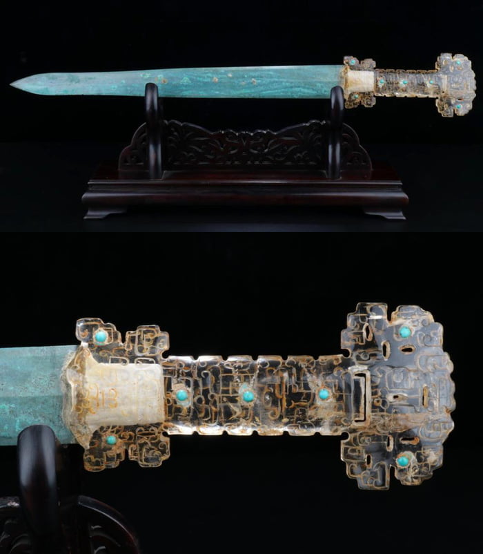 Beautiful Chinese bronze sword with turquoise studded, gold inlaid rock crystal hilt from the ...