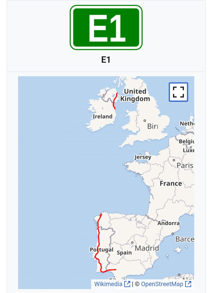Fun fact : European route 1 (E1) goes from Northern Ireland to Spain ...