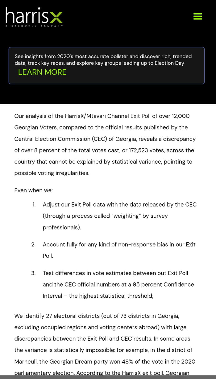 31.10.2024. Georgia. HarrisX released final exit polls of elections. It ...