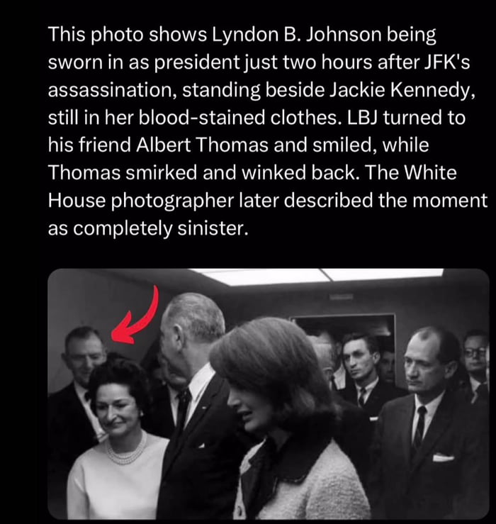 Lyndon B Johnson smiling at Albert Thomas while being sworn in as president just 2 hours after ...