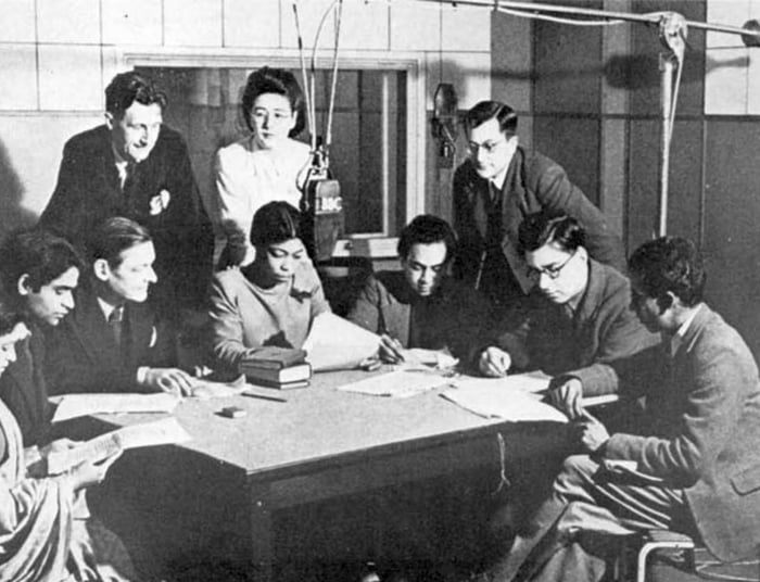 First broadcast, December 1942, George Orwell (standing left) produced ...