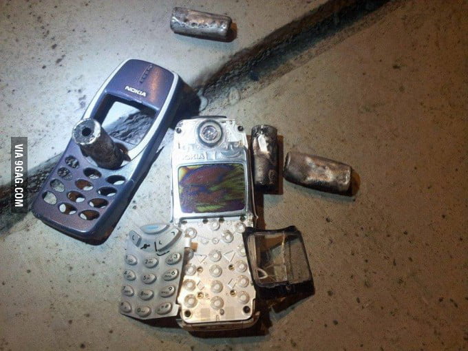 Nokia 3310 stoped a bullet. Can't hear you haters - 9GAG