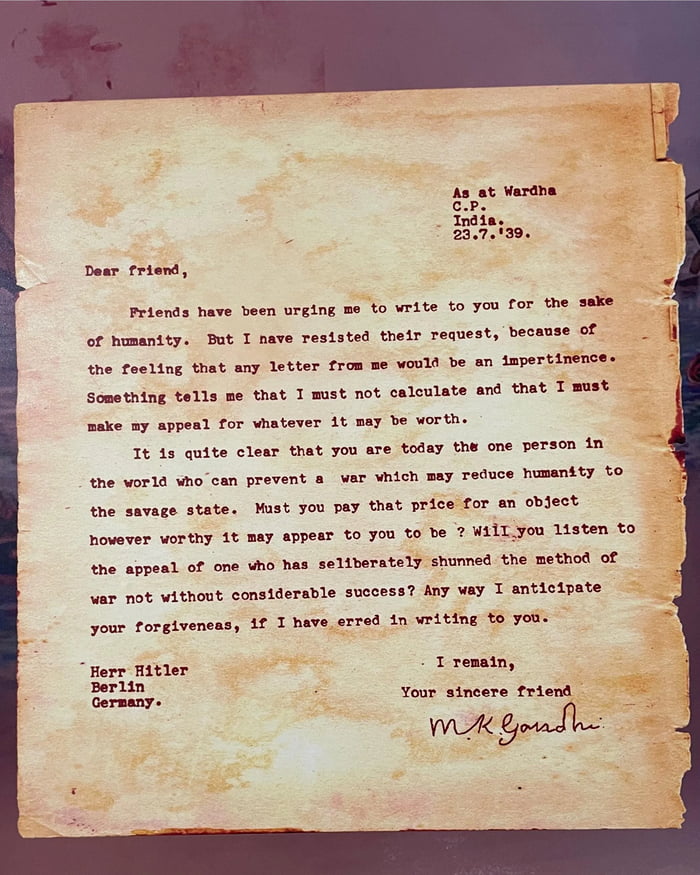 Mahatma Gandhi's letter to Hitler appealing him to call off the WW2 - 9GAG