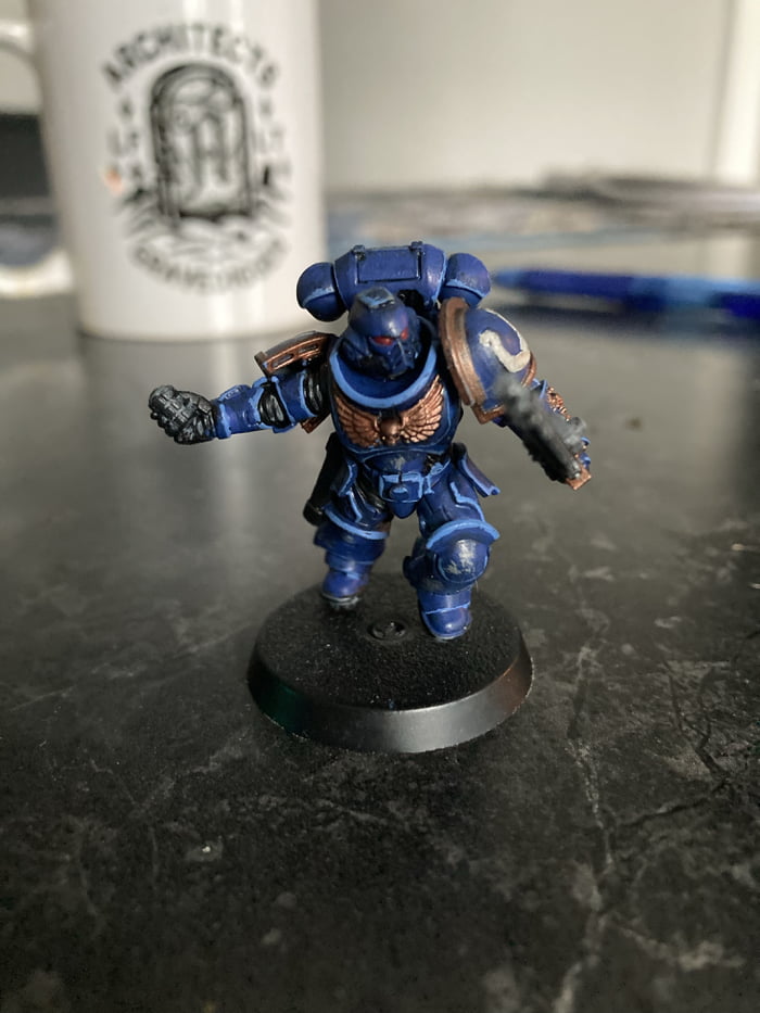 My first ever painted mini spacemarine. Was so much fun painting, but I’m unsure of what to ...