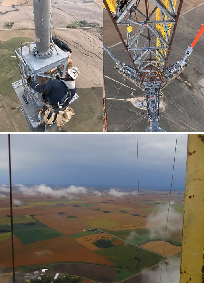 Working 580 meters over the ground on a giant radio tower during a windy stormy day. - 9GAG