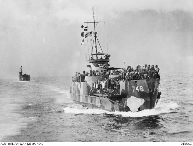 Borneo Campaign. 9 June 1945. A Labuan Island bound convoy near Balabak ...