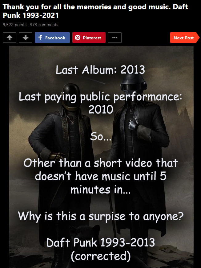RE: Everyone crying over Daft Punk. They haven't done an album since ...